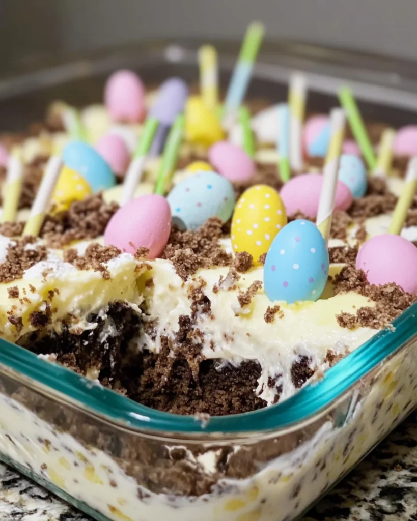 Easy Easter Dirt Cake Casserole with Oreo Crust and Candy