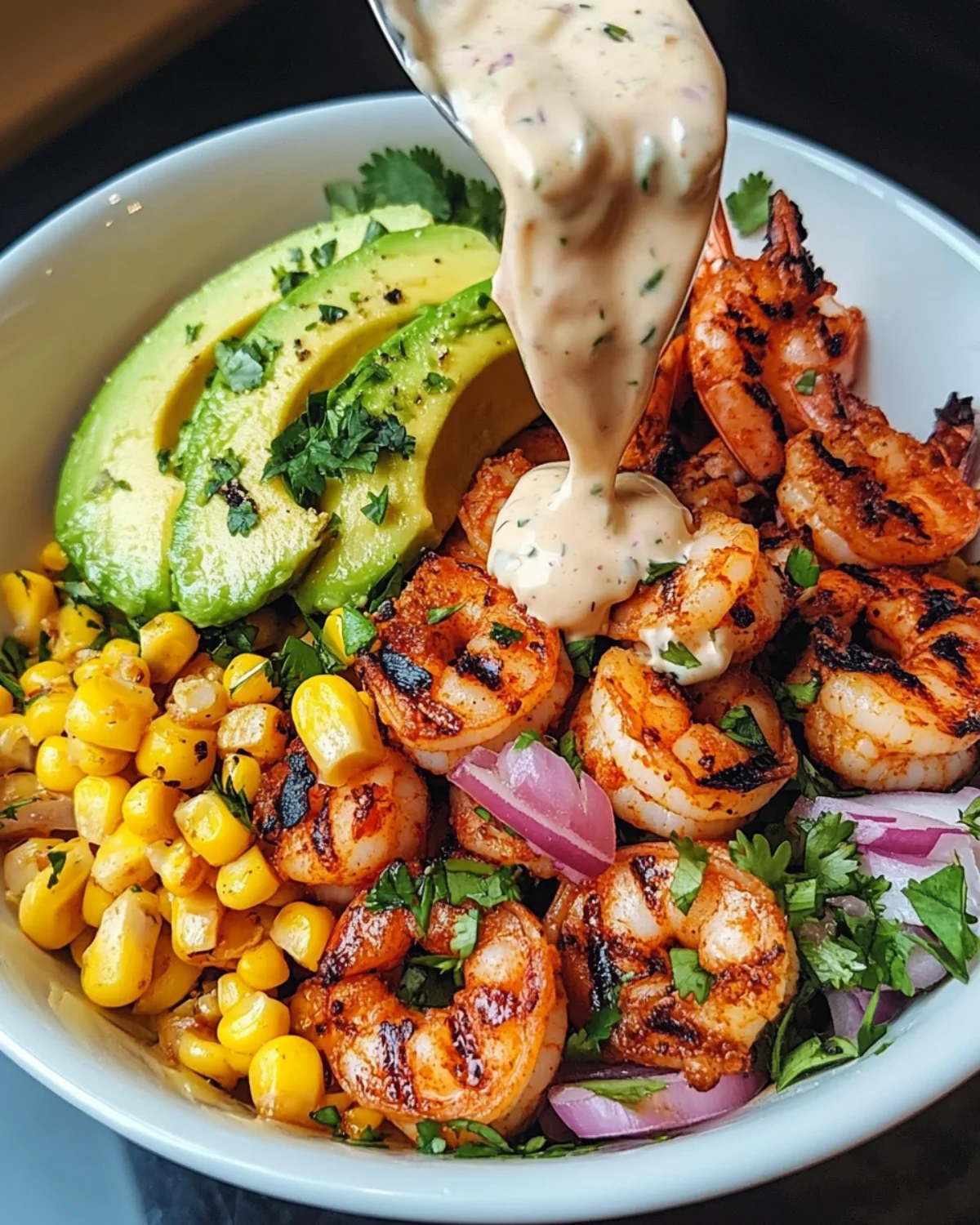 Grilled Shrimp Bowl with Corn Salsa & Creamy Sauce