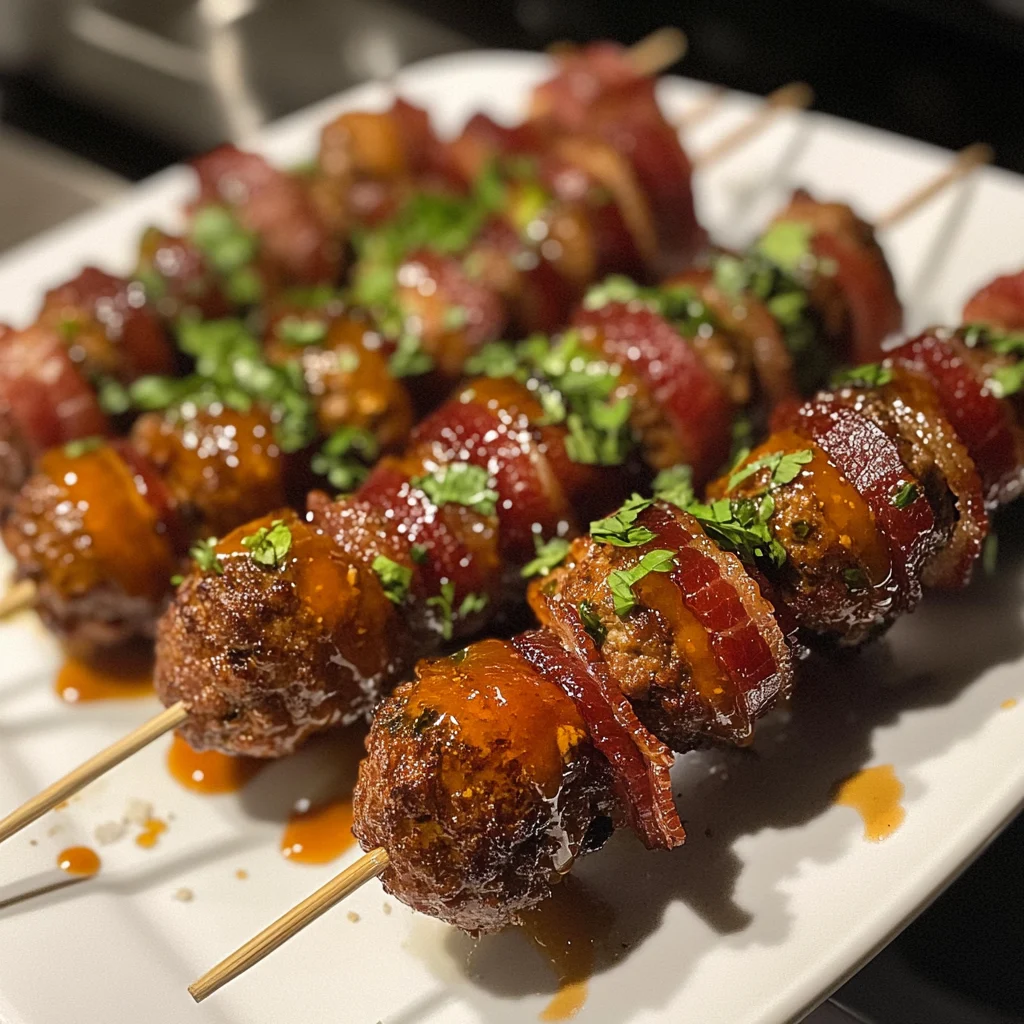 Bacon Wrapped BBQ Meatball Skewers Recipe