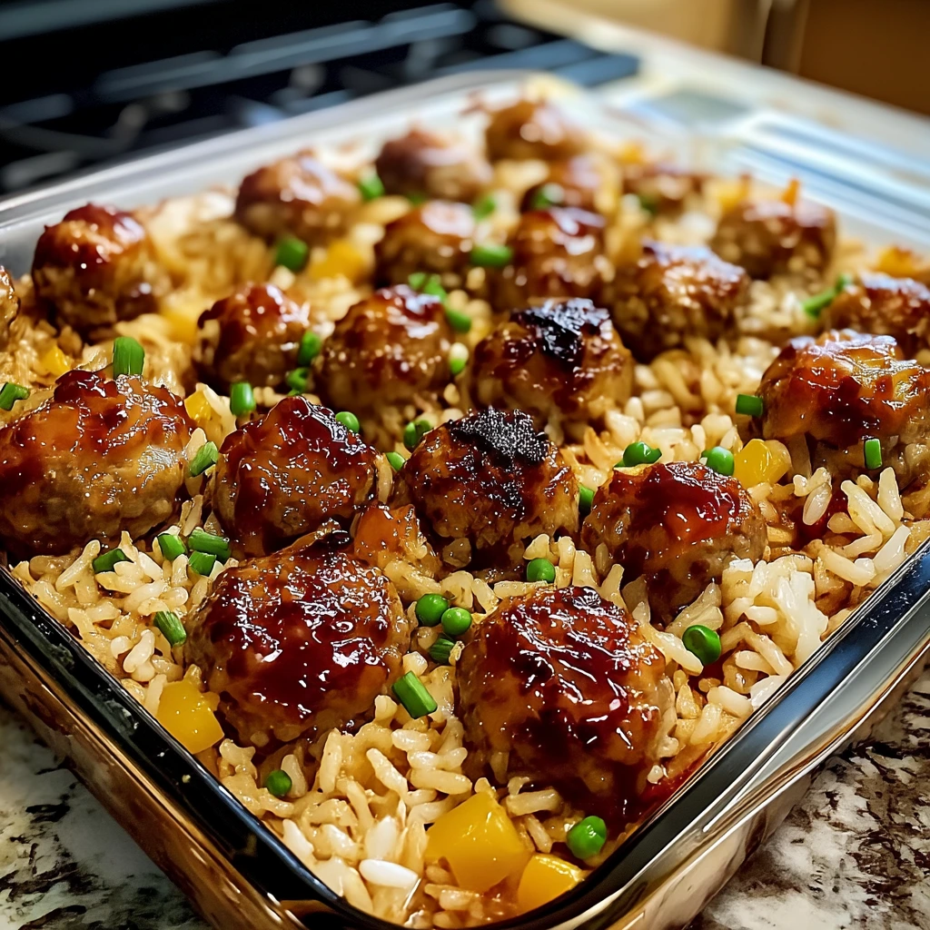 Honey Garlic Meatball Rice Bake 5 Steps Easy Delicious