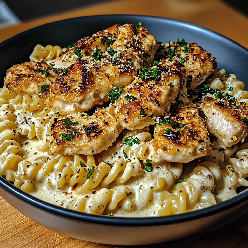 Cheesy Twisted Pasta with Creamy Garlic Parmesan Chicken